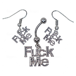 AWESOMETIVITY Naughty Sexy Jewelry Sets - Slut, Hotwife, F Me, Sexy, Stainless Steel and Rhinestone Dangle Belly Button Ring and Earrings Set for Naval Body and Ear Piercings (F Me w/Dangle Earrings)