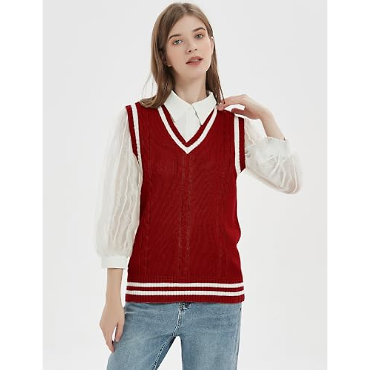 Gihuo Women's V Neck Sweater Vest Uniform Cable Knit Sleeveless Sweater (Wine, Small)