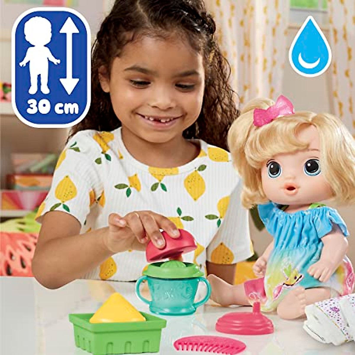 Baby Alive Fruity Sips Doll, Apple, Toys for 3 Year Old Girls, 12-inch Baby Doll Set, Drinks & Wets, Pretend Juicer, Kids 3 and Up, Blonde Hair