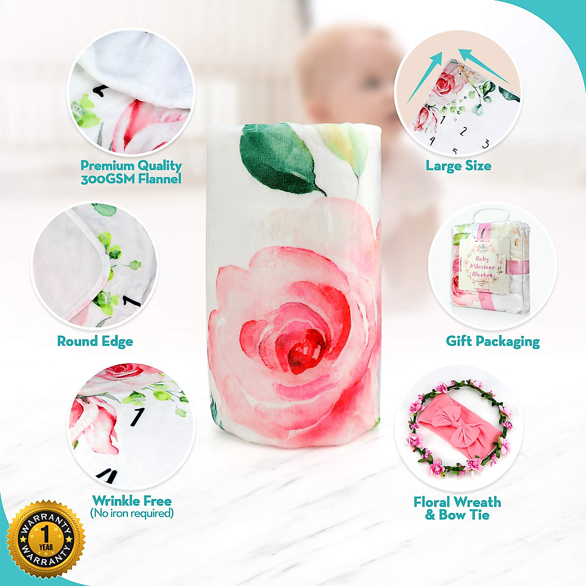 AMAHLE Baby Monthly Milestone Blanket for Girl Boy- Bonus: Wreath + Headband- Premium Fleece with 3D Digital Printing | Best Baby Shower | Newborn Photography