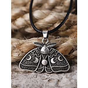 HAQUIL Moth Necklace, Moon Phase Moth Pendant, Faux Leather Cord, Wiccan Moth Jewelry Gift for Women