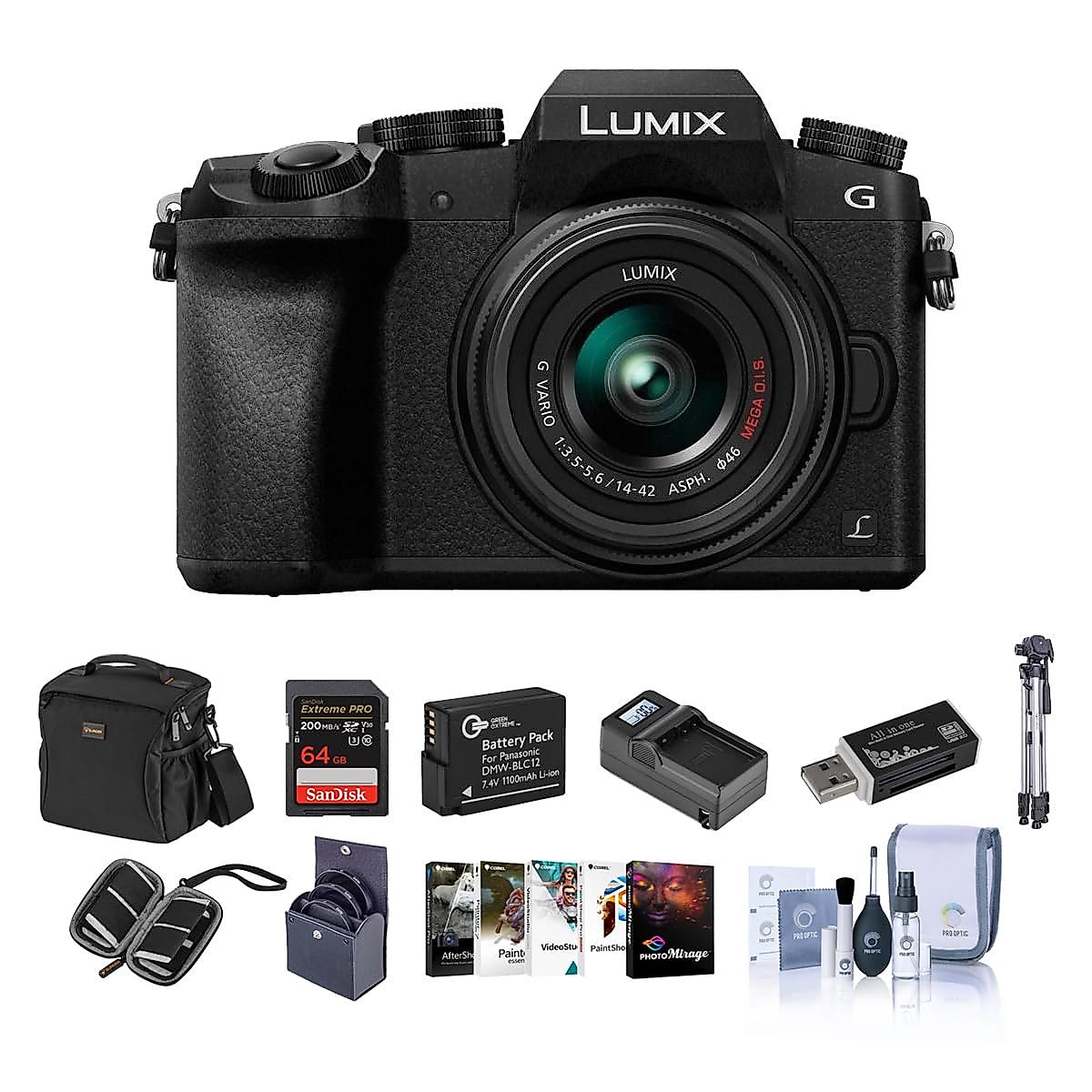 Panasonic LUMIX DMC-G7 Mirrorless Micro Four Thirds Camera with 14-42mm Lens, Black - Bundle with Camera Case, 64GB SDXC U3 Card, Spare Battery, Tripod, 46mm Filter Kit, Software Package, and More