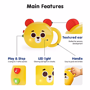Teddy tunez Baby Toys Musical Toy Interactive Development Educational Kids Music Station Rattle Teething Safety Easy Hold Grab Sing Sensory (5 Lullaby Theme Songs Ver.)