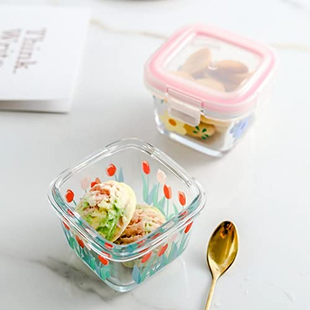 2 Pack 4 OZ Mini Glass Food Storage Containers Portable Small Food Jars with Airtight Lids Leakproof Square Flower Glass Container for Food Portion,Dipping Sauce,Snack,Nut,Yogurt,Freezer Microwave Safe