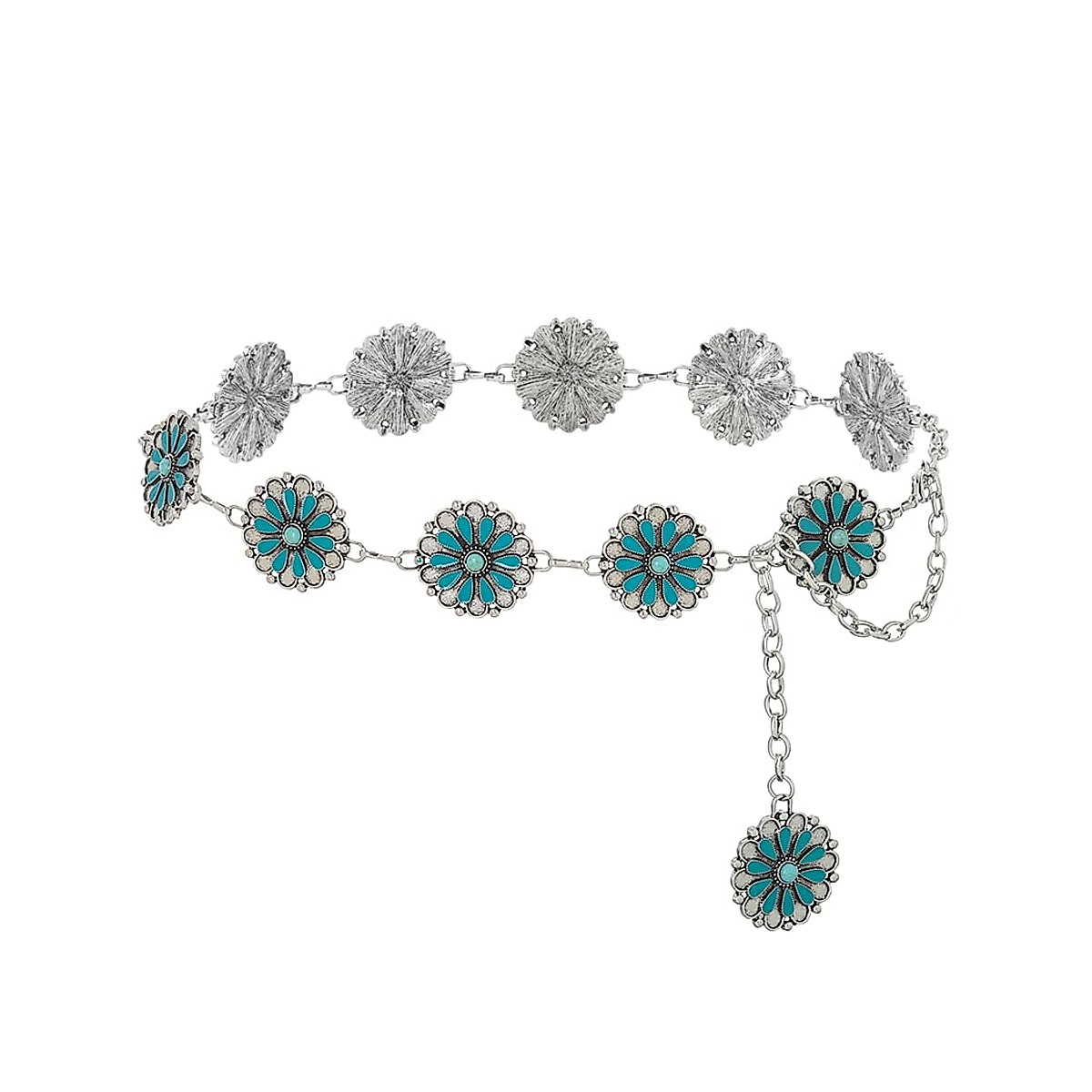 Navoky Turquoise Chain Belts Concho Belt Silver Metal Western Waist Chain Retro Boho Outfit Accessories for women (A, Medium)