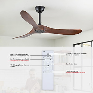 DefinElegant Walnut Wood 52" Ceiling Fan, 6-Speed, Reversible 3 Blades, Timed Shutdown, Silent DC Motor, for Bedroom, Porch