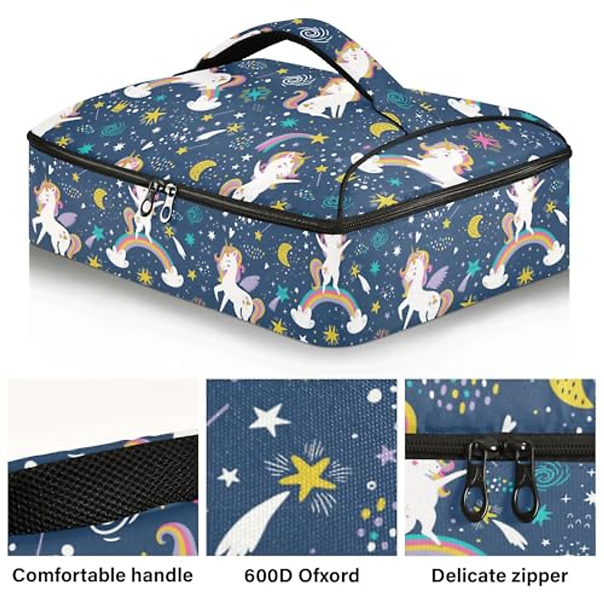 Kcldeci Insulated Thermal Food Carrier Insulated Casserole Carrier for Hot or Cold Food,Unicorns Rainbow Insulated Tote Bag for Potluck Cookouts Parties Picnic,Lasagna Lugger