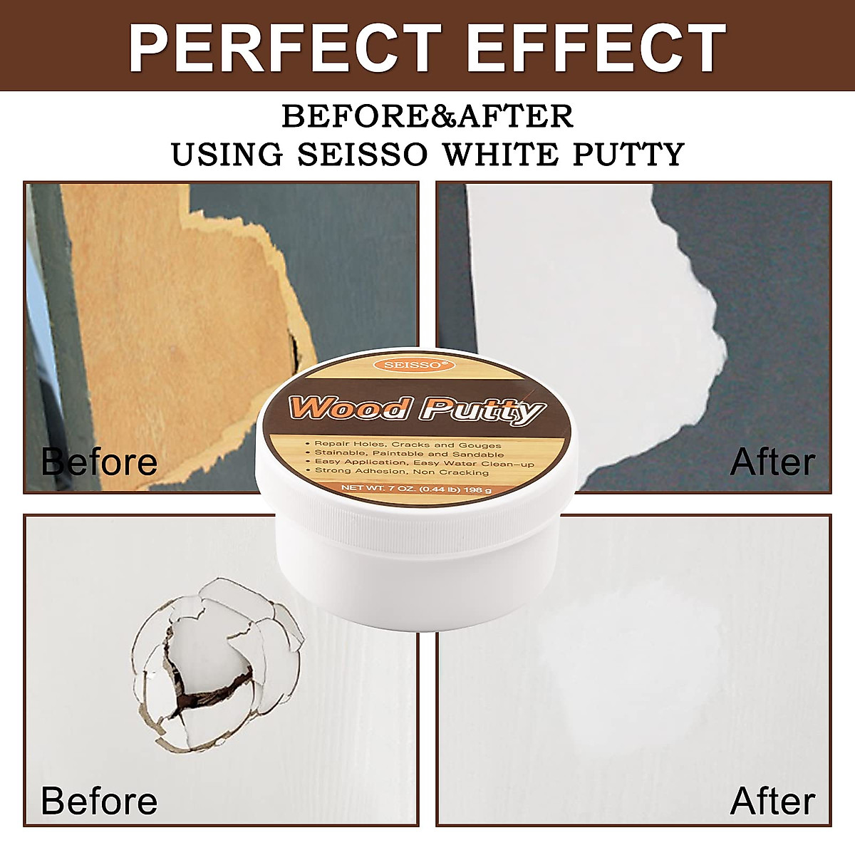 SEISSO Wood Putty, Water-Based Wood Filler, White Wood Putty for Trim, Wood Filler Paintable, Stainable, Wood Furniture Repair kit - Restore Wooden Table, Cabinet, Floors, Door