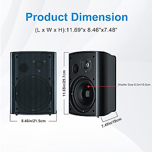 Herdio 6.5 Inches Outdoor Speakers Wired Waterproof Passive,Wall Mount Speakers with 800 Watts Powerful Bass for Home Patio Garden Covered Deck,All-Weather Durability,Black(2 Pairs)