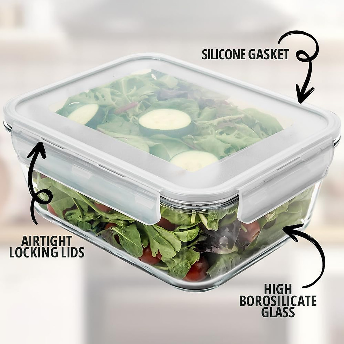 Razab 14 Cup/ 112 oz LARGE Glass Food Storage Container Locking Lid. For Storing food, Vegetables or Fruits. Baking Casserole, Lasagna, Baking, Roasting chicken & lot of other tasty Food BPA Free