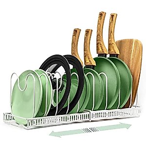 taabooh Adjustable Pot And Pan Organizer Rack - Aesthetic Pot Lid Organizer Rack - Durable Cookware Rack And Baking Pan Organizer - Expandable Horizontal Frying Pan Organizer With 10 Dividers