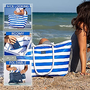 Large Waterproof Striped Tote Beach Bag - Top Zipper Closure - Waterproof Lining - Tote Shoulder Bag For Gym Beach Travel (Striped Blue)