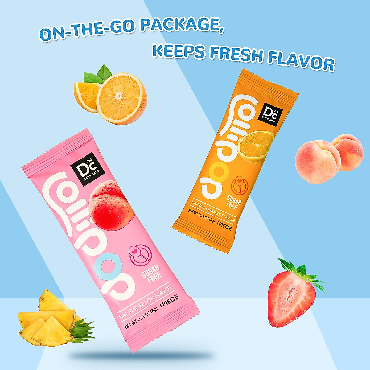 DC24 DAILY CARE Sugar Free Lollipops with Vitamin C, Healthy Suckers with Xylitol, Assorted Fruit Flavored Hard Candy for Kids, Non-GMO, Gluten Free, 64 Count