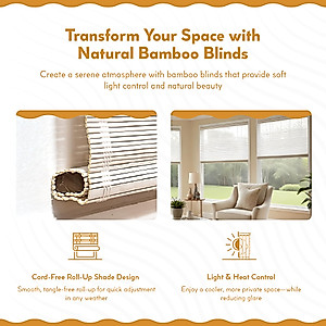 Radiance Cordless Bamboo Roman Shades for Windows - Matchstick Bamboo Blinds for Semi-Private Light Control - Easy to Lift & Fold Up Window Shades - White - 30" W x 64" L - (2215328E)