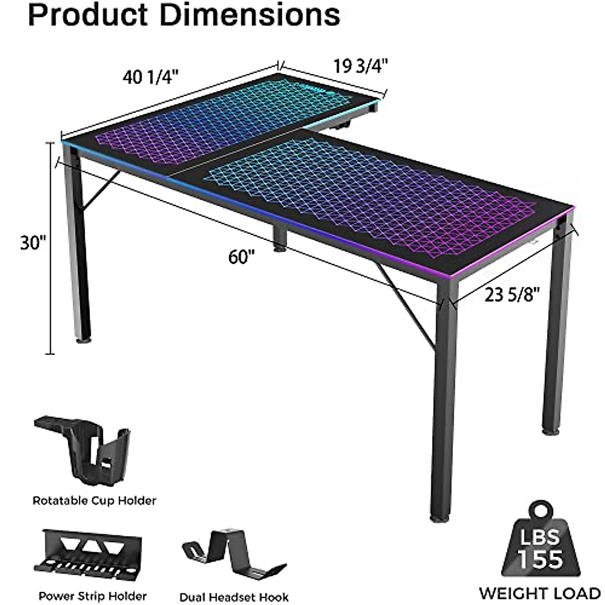 EUREKA ERGONOMIC Music Sensing RGB LED Lights Glass Gaming Desk, 60 Inch L Shaped Reversible Top, Home Office Corner Computer Studio Table Gifts GTG L60 w Cup Headset Socket Holder, Smart APP Control