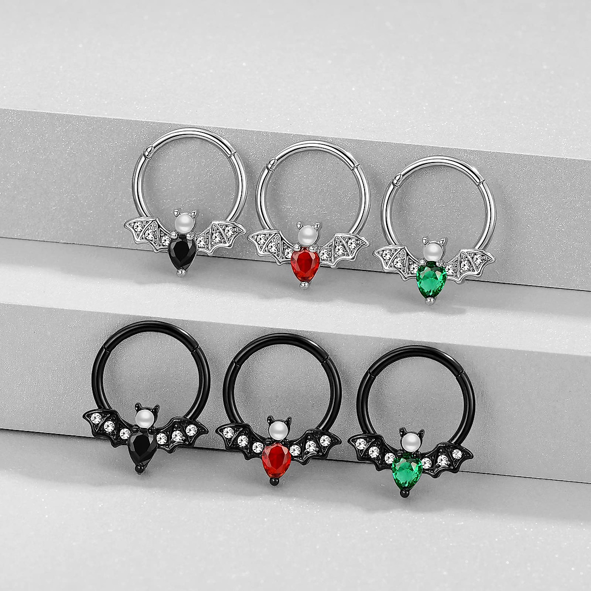 EVISPOL 1Pc 16G Halloween Bat Nose Rings for Women Men, 316L Stainless Steel Hinged Nose Ring Nose rings Hoops Bat Septum Ring CZ Septum Clicker Cartilage Earrings Daith Tragus Helix Ear Piercing Jewelry-10MM-Black-Red CZ