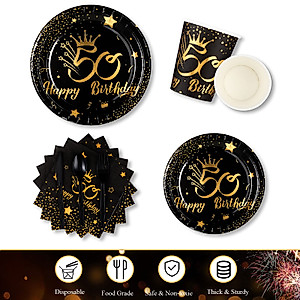 TaoBary 170 Pieces 50th Birthday Party Supplies Disposable Dinnerware Set with Plates Napkins Cups Banner 50th Birthday Tablecloth Black and Gold Party Decoration for Men and Women, Serves 24
