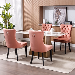 Rhomtree Contemporary Button Tufted Dining Chairs High-end Velvet Upholstered Dining Chairs with Nailhead Back and Ring Pull Trim Wood Kitchen Chairs for Dining Room (Pink 01, Set of 8)