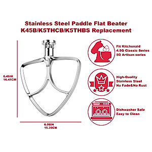 Stainless Steel Flat Beater for KitchenAid 4.5-5QT Tilt-Head Bowls,Fit for Classic, Classic Plus and Artisan Serie K45SS,KSM75,KSM90,KSM95,KSM150,Dishwasher Safe Paddle Attachment for Kitchenaid Mixer