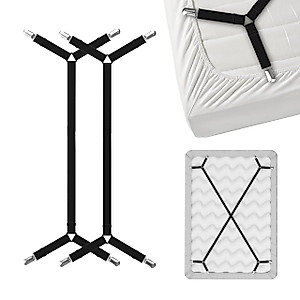 FeelAtHome Bed Sheet Holder Straps Criss-Cross - Sheets Stays Suspenders Keep Fitted/Flat Bedsheet in Place - for Twin Queen King Mattress Holders - Bed Sheet Strap - Fitted Sheet Clip Sheet Keepers