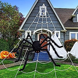 KUCHEY Halloween Decorations Outdoor 200'' Triangular Spider Web+47'' Giant Fake Spiders, Halloween Decor Indoor Clearance for Home Outside Yard Costumes Party Haunted House Garden Lawn