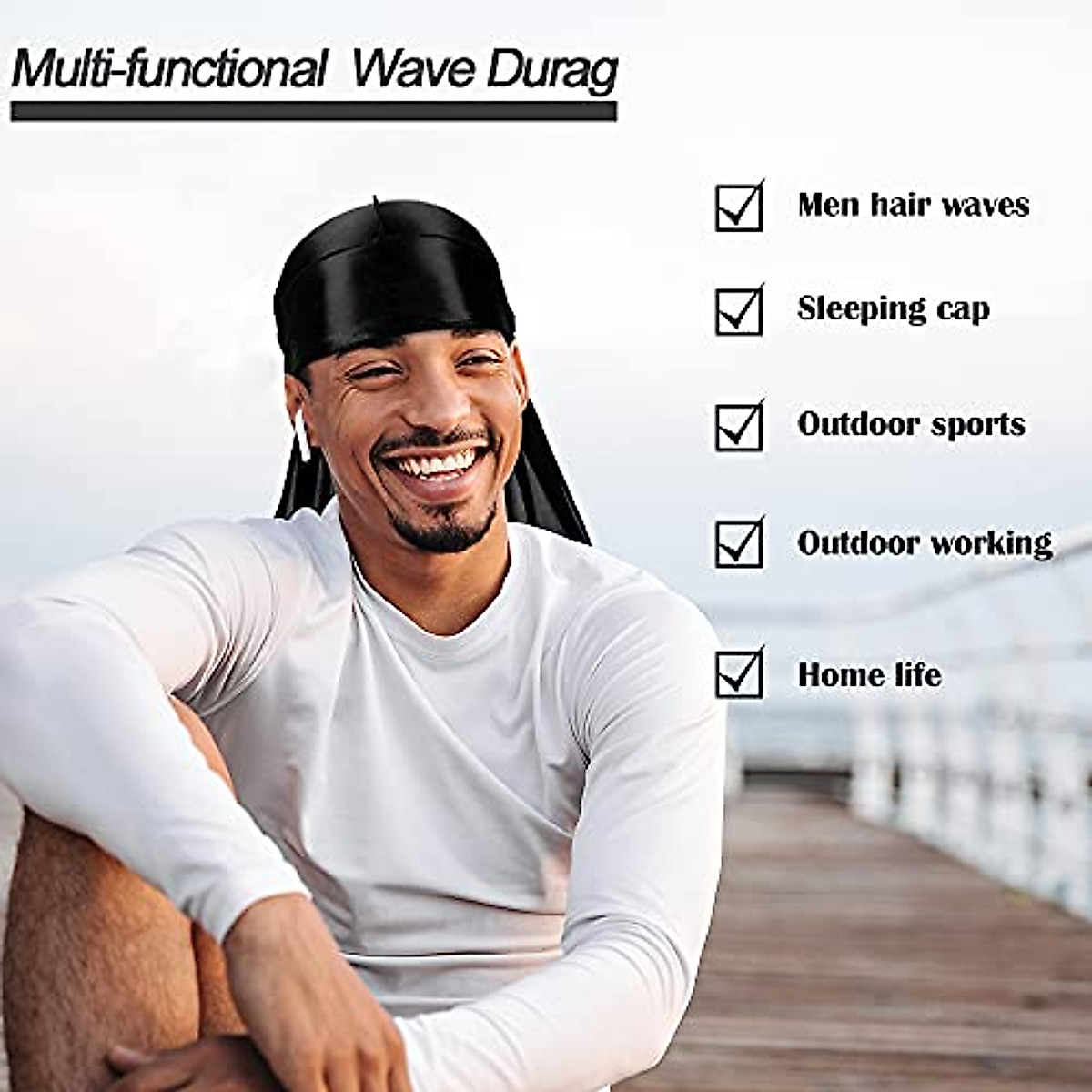 DACKRITO 2 Pieces Silky Durag Pack for Men Women, Premium Satin Doo Rag Headwrap with Long Tail for 360 Waves