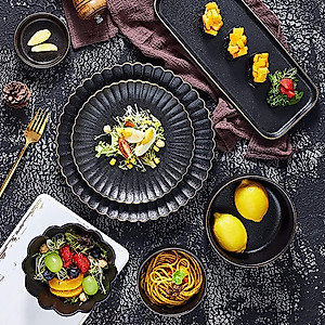 GagalU Porcelain Plate and Bowl Set,Kitchen Tableware Set,Ceramic Dinnerware Set, 15 Pcs Matte Black Retro Plates and Bowls Set- Irregular Edge Dinner Sets, Service for 4