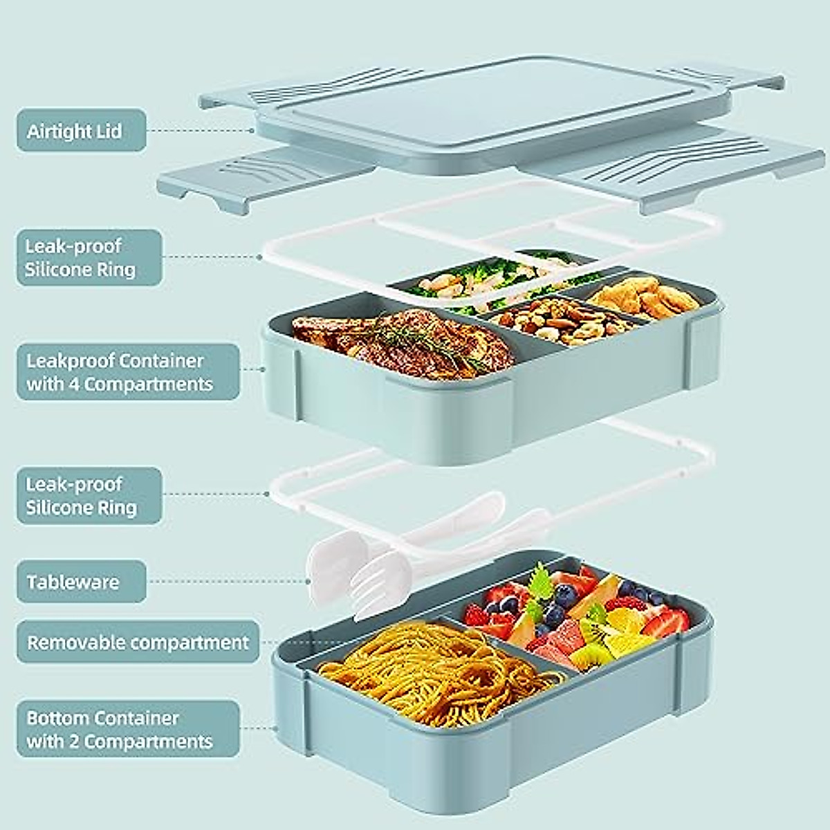 Lunch Bento Box for Kids, Stackable Bento Lunch Containers for Adults 50oz Leakproof Lunchbox with 7 Compartments Built-in Utensil Set for Kids Back to School,On-the-Go Meal and Snack Packing-Blue