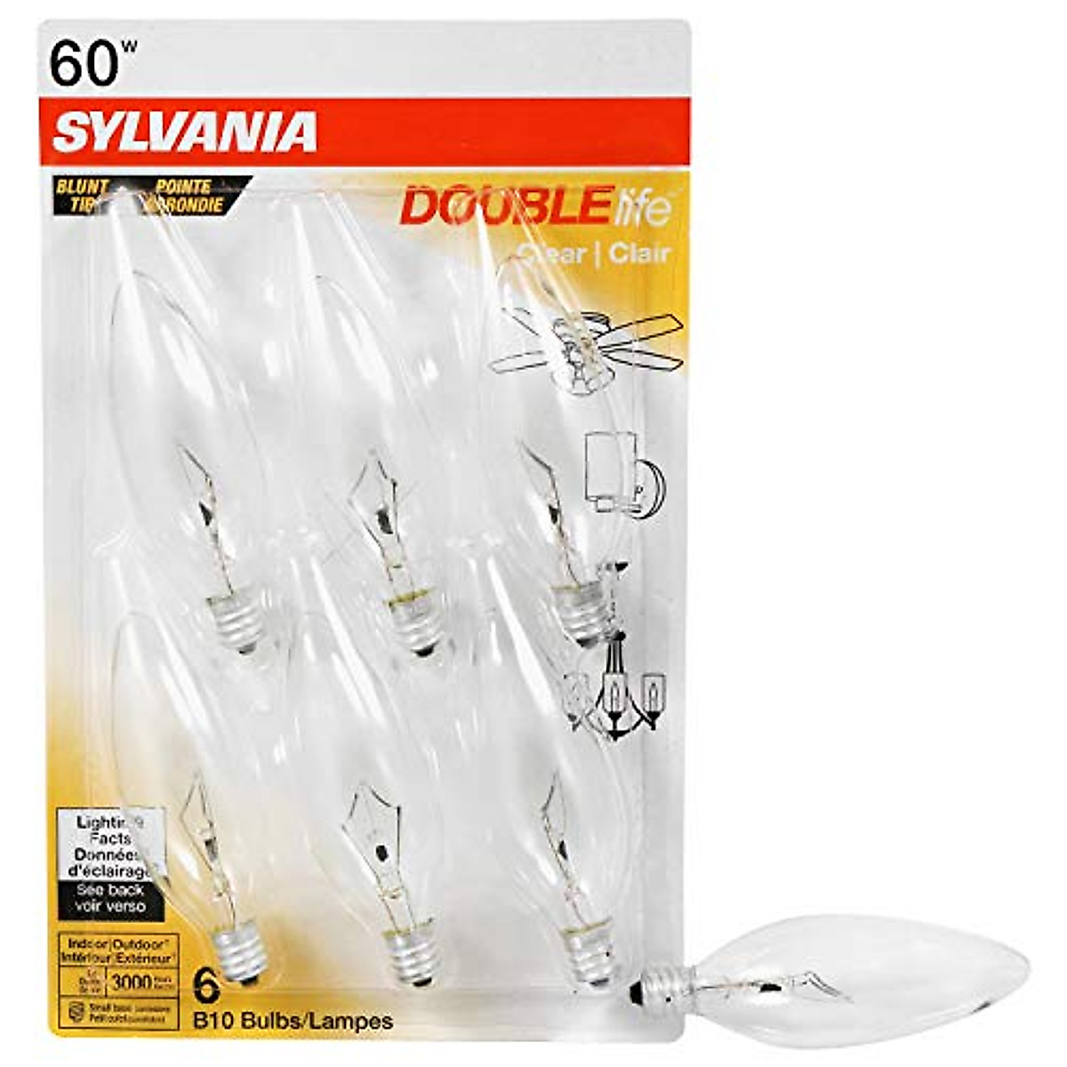 SYLVANIA Incandescent Double Life Light Bulb, 60W B10 Chandelier , Candelabra Base, Clear, Blunt Tip, Soft White - 6 Pack (18750)