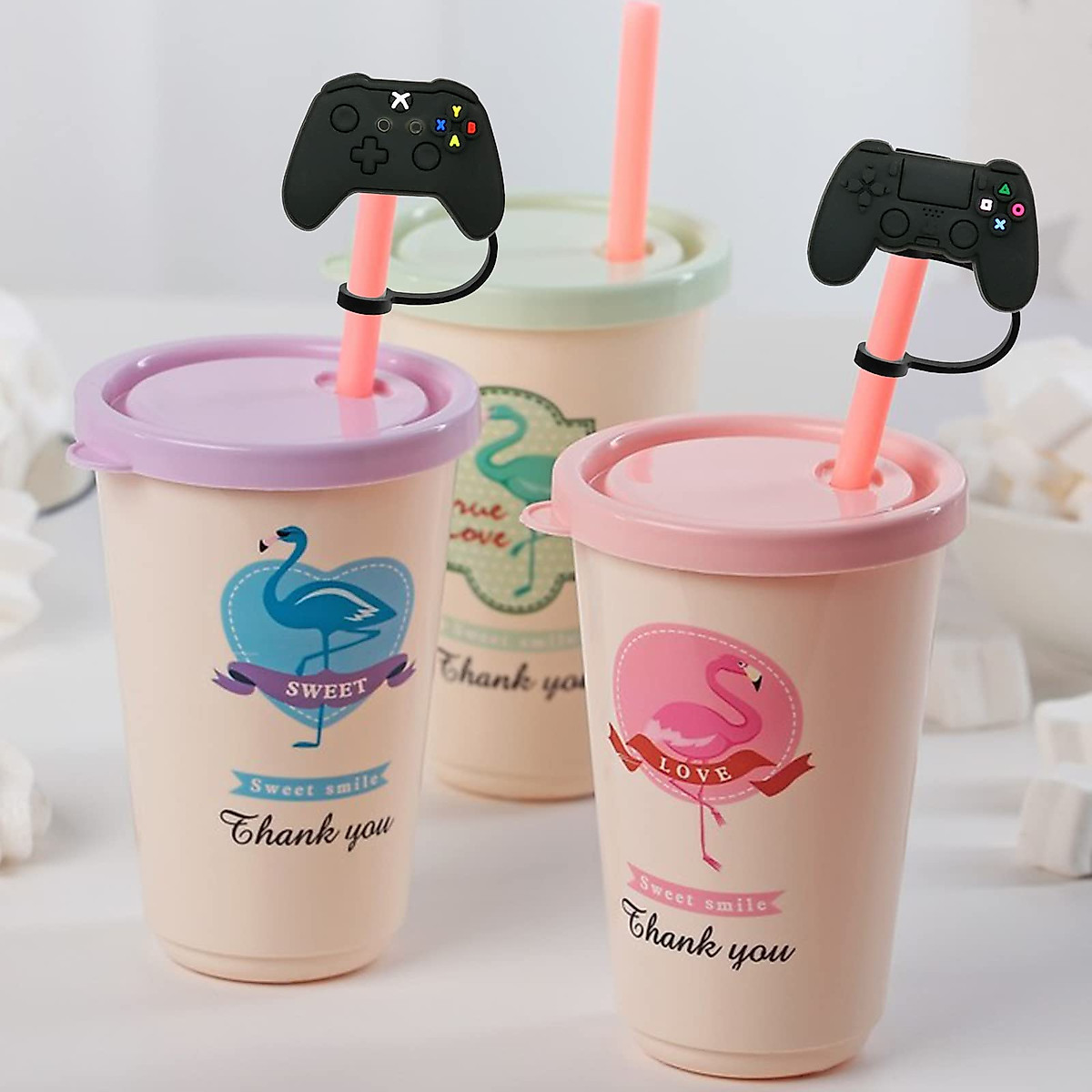 Silicone Game Straw Cover - 14 Pack Cute Reusable Drinking Straw Caps Lids Dust-Proof Straw Plugs for Straw Tips for Home Kitchen Accessories (Game Straw Cover)