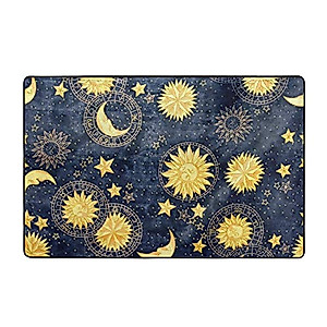 SWEET TANG Area Rug Meet 1998 Boho Chic Art Golden Sun Moon and Star Over Blue Black Sky Flannel Microfiber AntiSlip Water Resistant Carpet Bathroom Play Mat for Floor Hallway Home Decoration 60x39