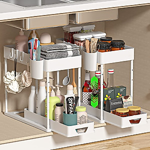 Seasky 2 Pack Adjustable Height Under Sink Organizers and Storage, 2 Tier Sliding Bathroom Organizer, Kitchen Organizer Multipurpose Under Sink Cabinet Storage with 8 Hooks and 2 Hanging Cup