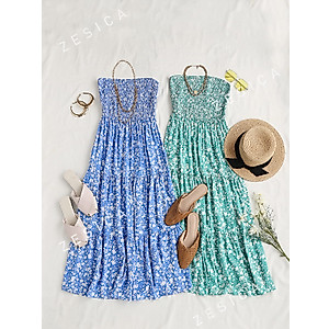 ZESICA Women's Summer Bohemian Floral Printed Strapless Beach Party Long Maxi Dress,Blue,Large