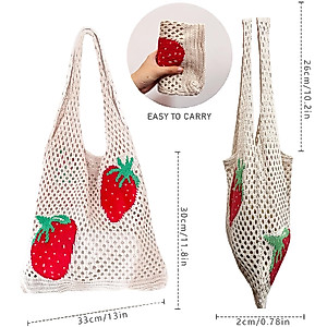 Stizimn Cute Strawberry Pattern Tote Bag Crochet Tote Bag Shoulder Bag Handbags Knitting Bag Aesthetic Handmade Weaving (White)