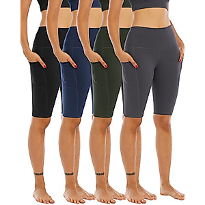 WHOUARE 4 Pack Biker Yoga Shorts with Pockets for Women,High Waisted Athletic Running Workout Gym Shorts Tummy Control,Black,Army Green,Navy,Dark Gray,M
