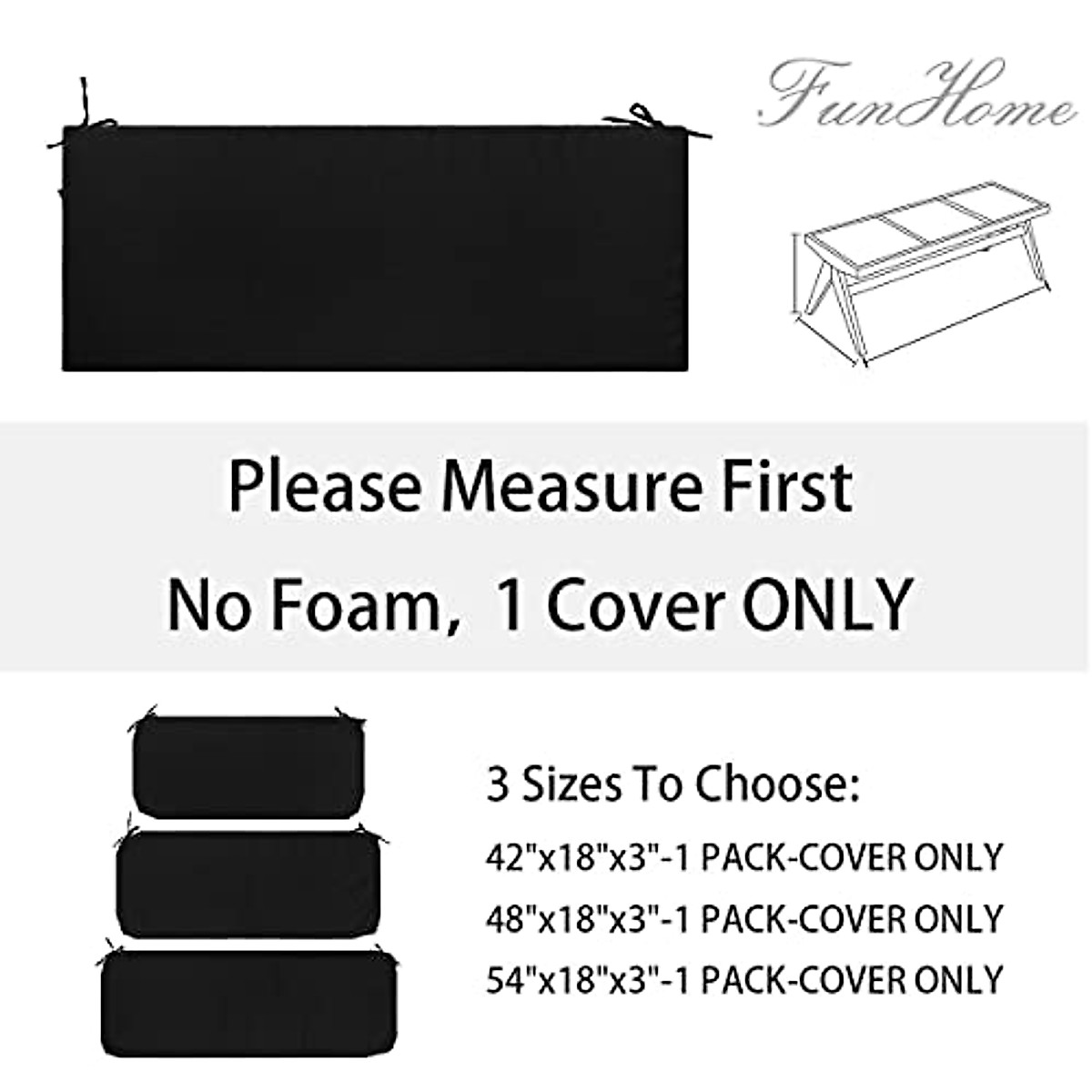 Water-Resistant Outdoor Bench/Settee Cushion Slip Cover,Patio Furniture Cushion Covers,Garden Long Chair Cover ONLY-48x18x3 INCH (Black)