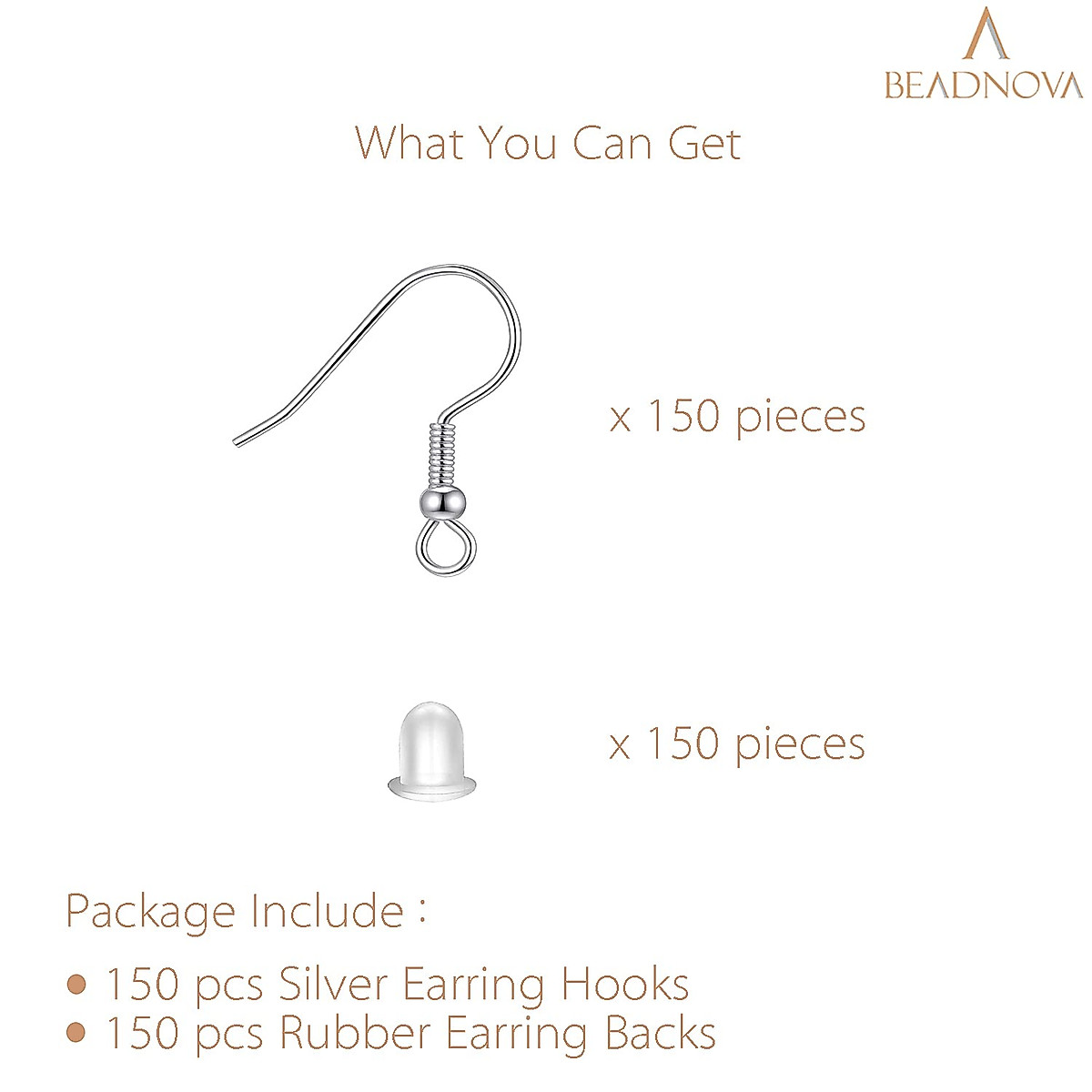 BEADNOVA Fish Hook Earring Hooks 150pcs Earring Findings with Earring Backs for Earring Supplies Earrings Making DIY (150pcs Silver Earring Hooks and 150pcs Earring Backs, Total 300pcs)