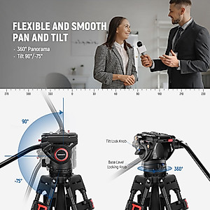 NEEWER 74 Inch Pro Video Tripod with Fluid Head, QR Plate Compatible with DJI RS Gimbals Manfrotto, Durable Camera Tripod with Telescopic Handle Scaled Base for DSLR, Max. Load 17.6 lb/8 kg, TP74