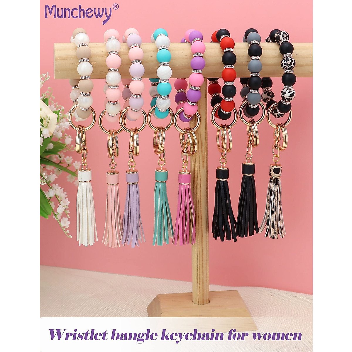 Munchewy Silicone Key Ring Bracelet for Women, Elastic Beaded Wristlet Keychain Key Holder for Women's Day Gift(Brown/Pearl)