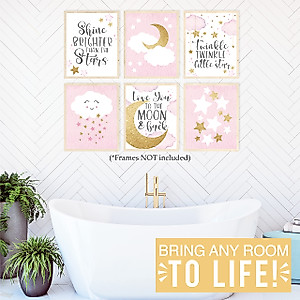 Hadley Designs 6 Reversible 8x10 Moon and Stars Nursery Decor Prints, Shower Decorations, Moon and Stars Wall Decor For Baby Girl Nursery Wall Art, Baby Girl Nursery Wall Decor For Girls Bedroom