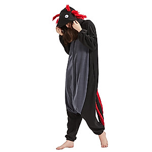 DELEY Unisex Axolotl Onesie Pajamas Cosplay Adult Animal Costume Plush Homewear Sleepwear Jumpsuit Black Axolotl