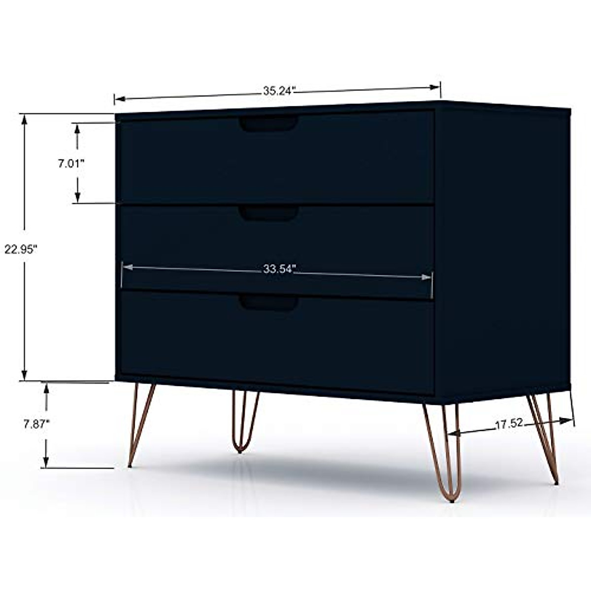 Manhattan Comfort Rockefeller Mid-Century Modern 3 Drawer Bedroom Dresser, 17.52" L x 35.24" W x 30.82", Midnight Blue
