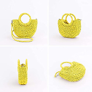 QTKJ Mini Semi-circle Rattan Straw Handbags, Hand-woven Women Summer Retro Straw Tote Bag Shoulder Bag Crossbody Bag Round Handle Beach Handbags (Yellow)