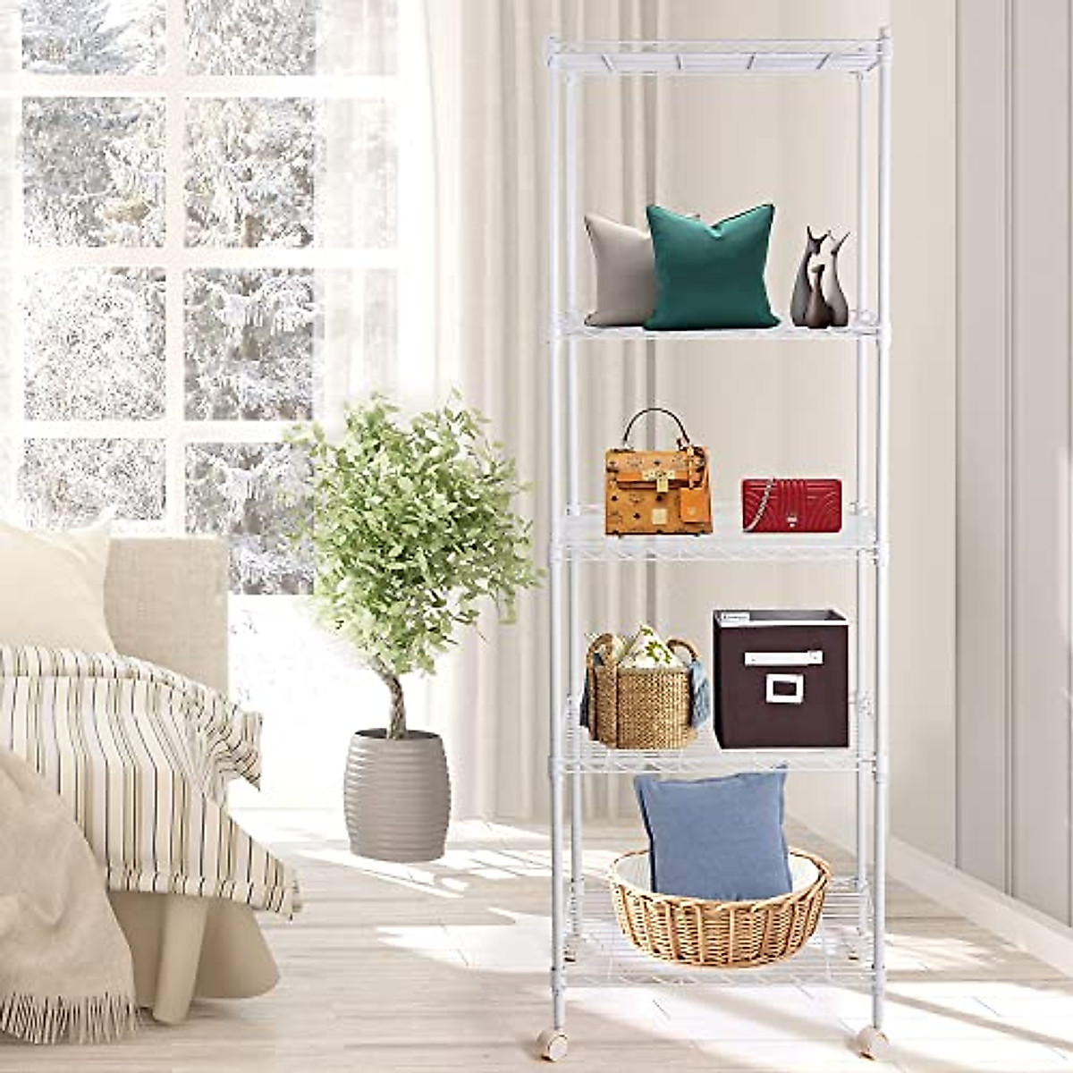 JS HANGER Wire Shelving Unit with Wheels, 5-Tier Heavy Duty Height Adjustable Rolling Metal Shelves for Storage, 550 lbs Capacity, 23.23''W X 13.4''D X 71''H, White