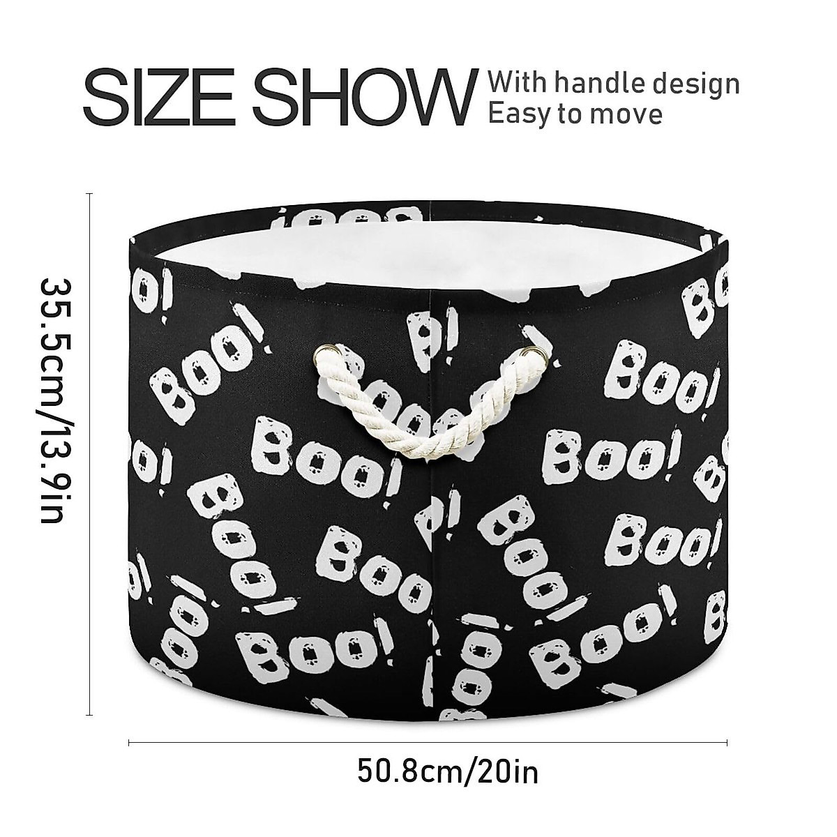 Krafig Halloween White Boo Round Collapsible Storage Basket, Large Toy Storage, Laundry Baskets, Open Home Storage Bins for Toy Organizer, Home Decor, Clothes, Toys