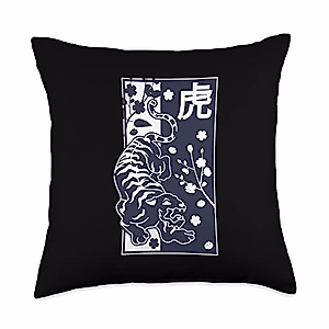 Japanese Zodiac White Tiger streetwear Cherry Blossom White Tiger Harajuku Japanese Aesthetic Throw Pillow, 18x18, Multicolor