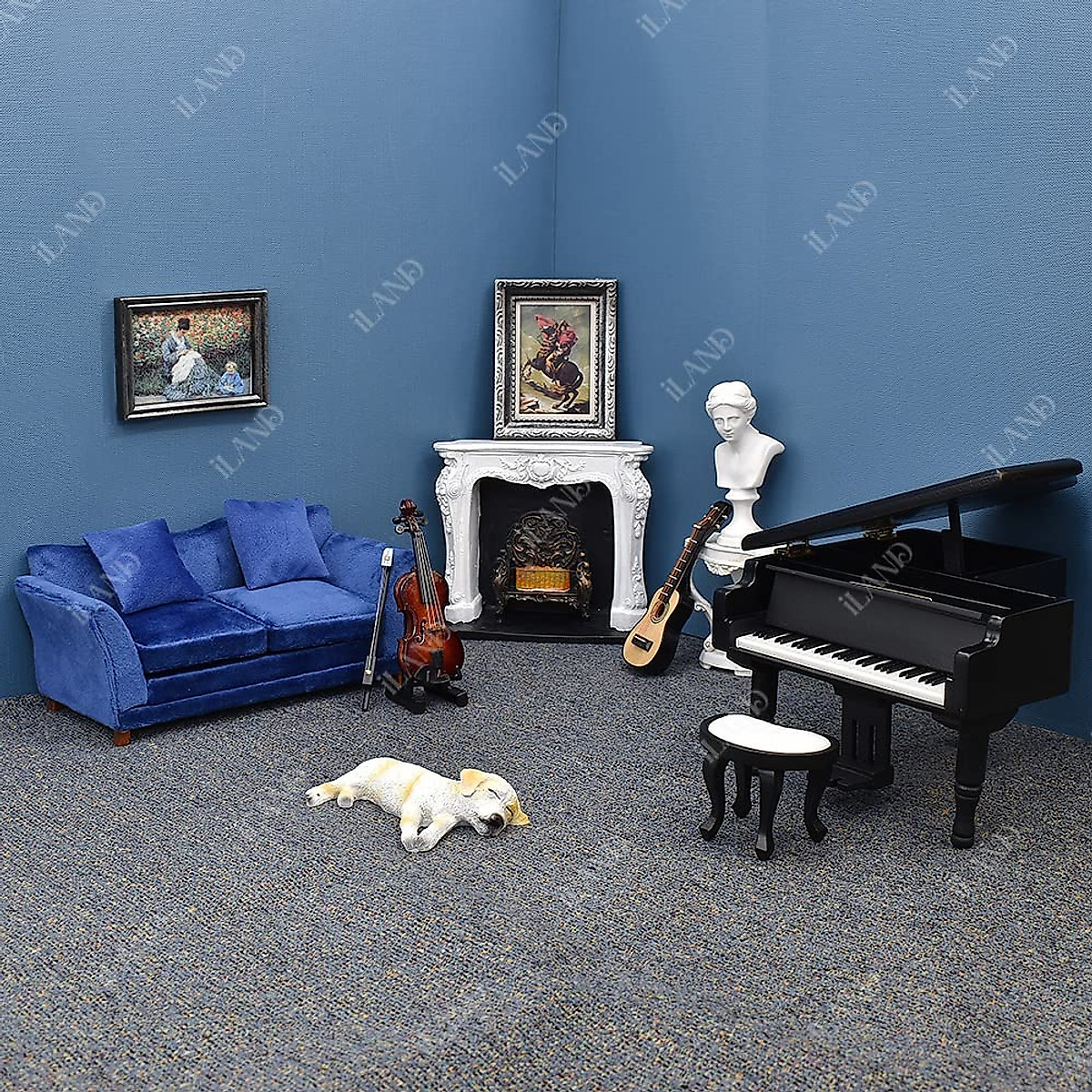 iLAND Modern Dollhouse Furniture on 1/12 Scale of Miniature Sofa for Dollhouse Living Room (Dark Blue Velvet)