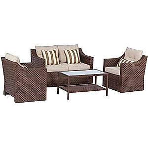 SOLAURA Patio Furniture Set Outdoor Conversation Set All Weather Wicker Furniture 4 Pieces Sectional Sofa Set with Tempered Glass Coffee Table-Brown