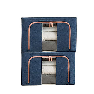 Clothes Storage Organizer with Metal Frame (Set of 2), Extra Large 66L | Foldable Storage Bin Boxes with Clear Window | Stackable, Moisture Proof, Dust Proof | Strong Carry Handles for Clothing, Bedding, Blanket, Closet | Clothes Storage (Blue)