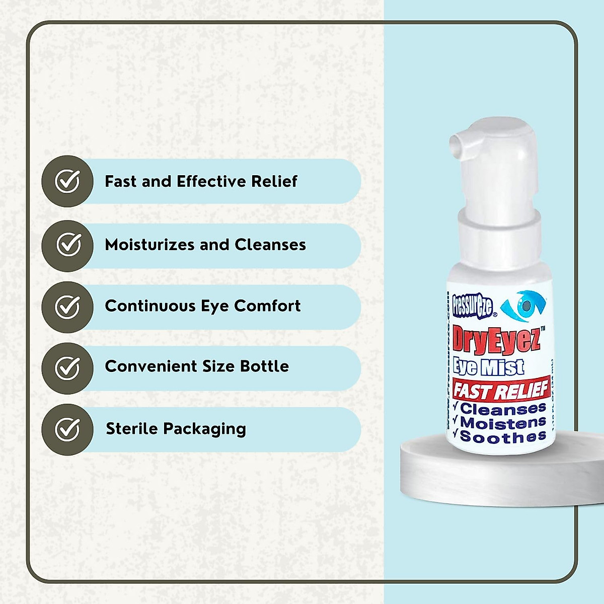 Pressureze DryEyez Natural Eye Relief for Sensitive Eyes. Dry Eyes, Sore Eyes, Irritated Eyes, Preservative-Free, Sterile. Cleanses, Moistens, Soothes 33ml, Made in USA (Pack of 1)